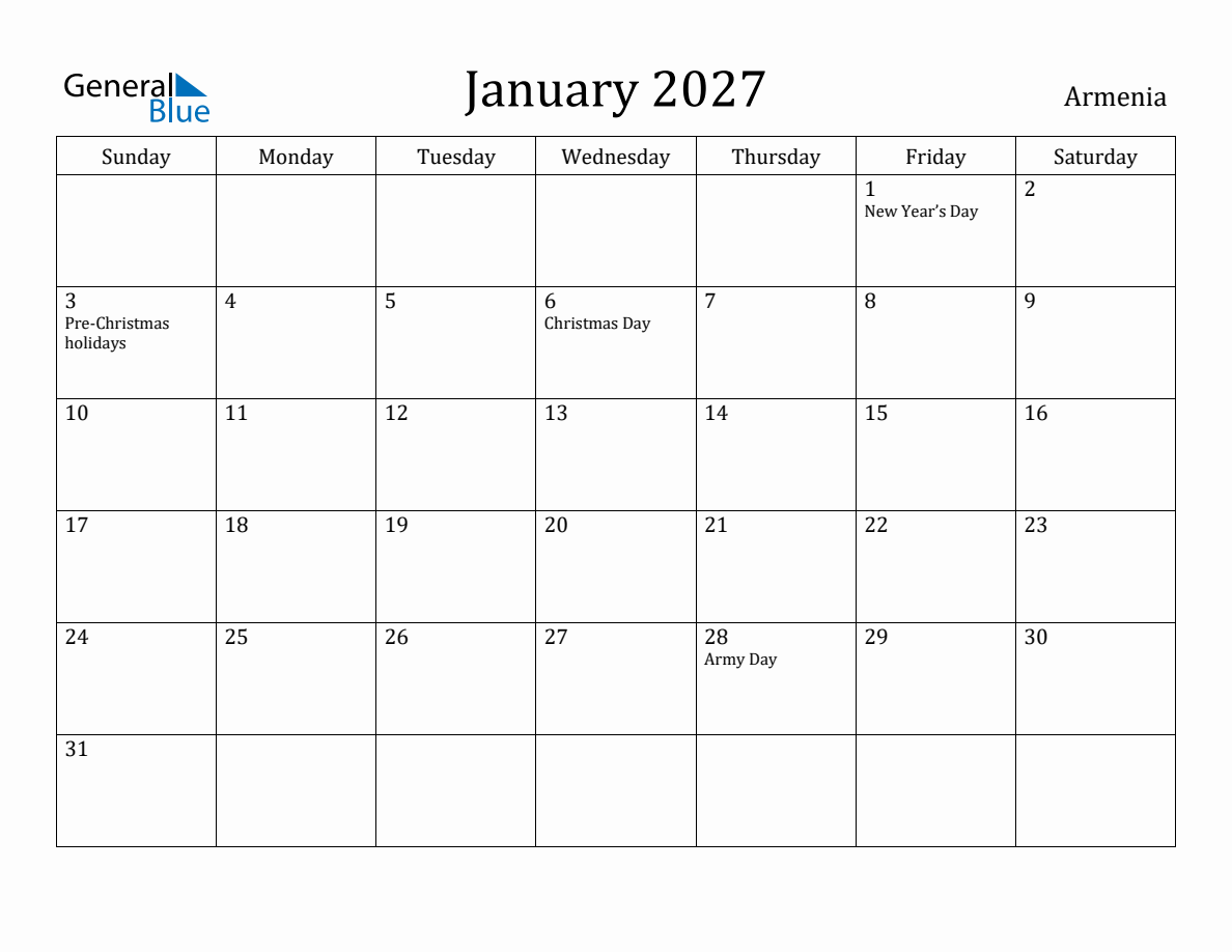 January 2027 Monthly Calendar with Armenia Holidays