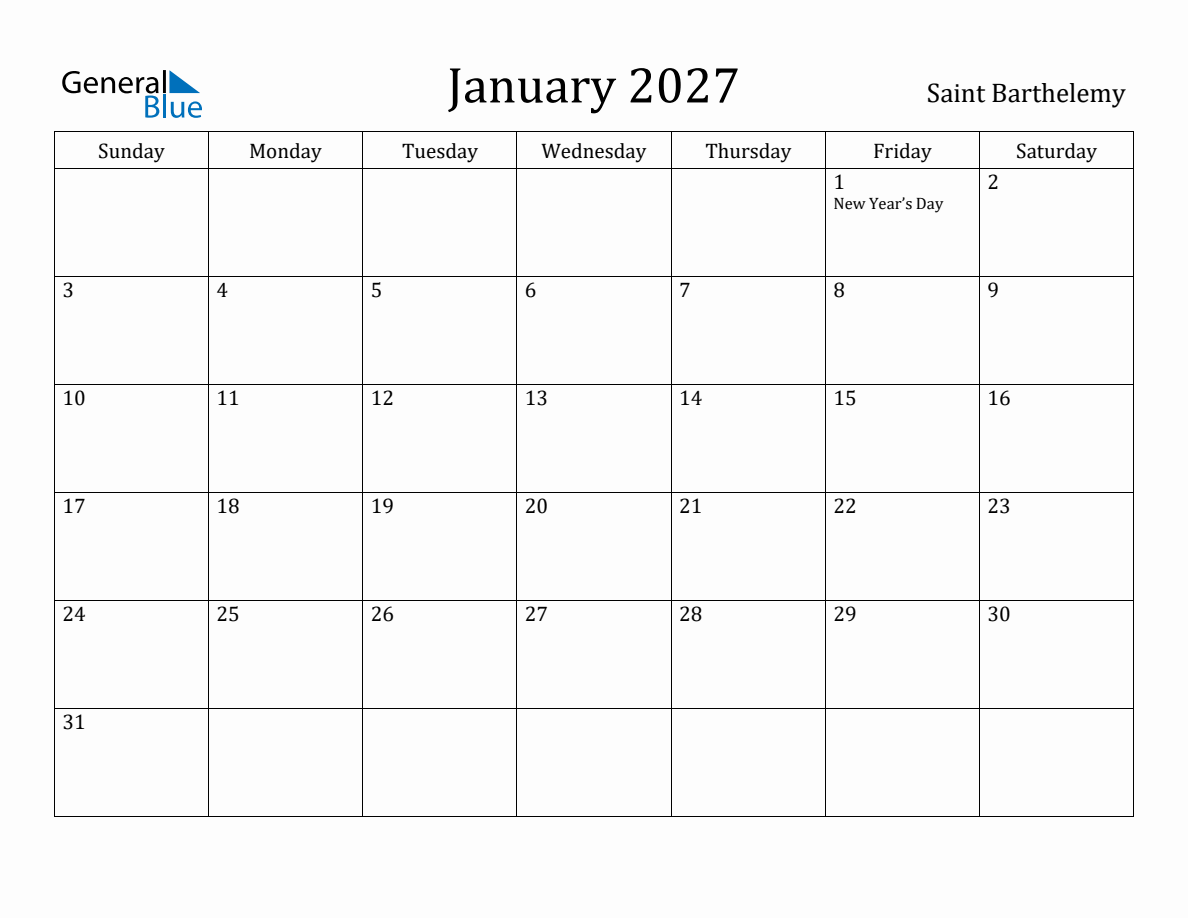 January 2027 Monthly Calendar with Saint Barthelemy Holidays