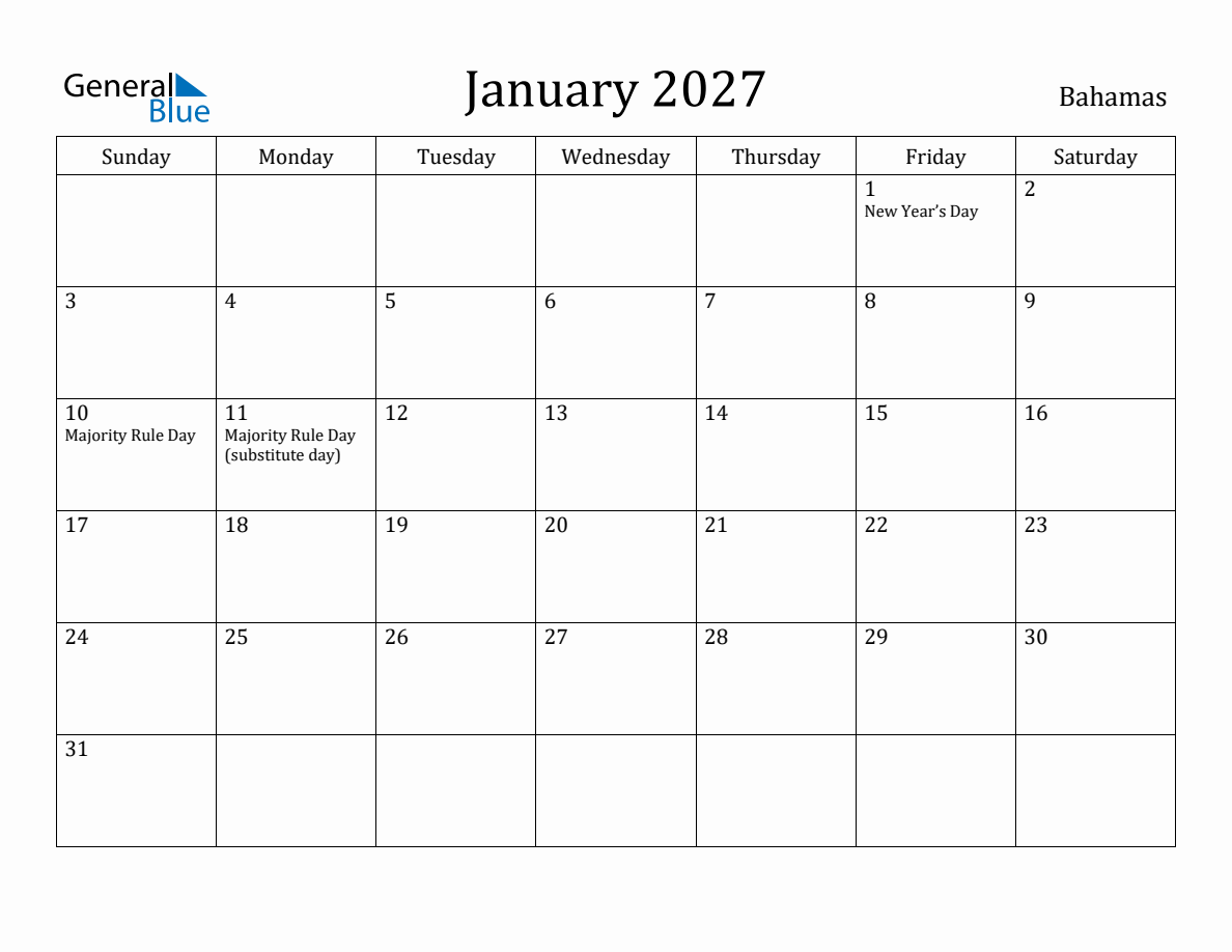 January 2027 Monthly Calendar with Bahamas Holidays