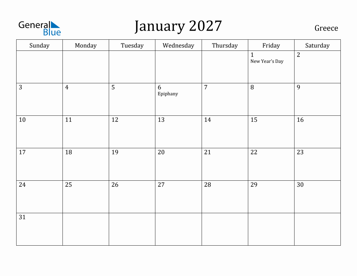 January 2027 Monthly Calendar with Greece Holidays
