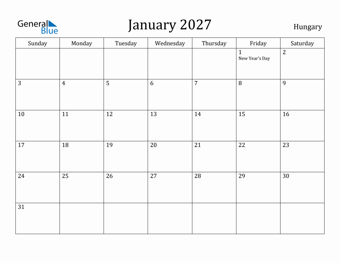 January 2027 Monthly Calendar with Hungary Holidays