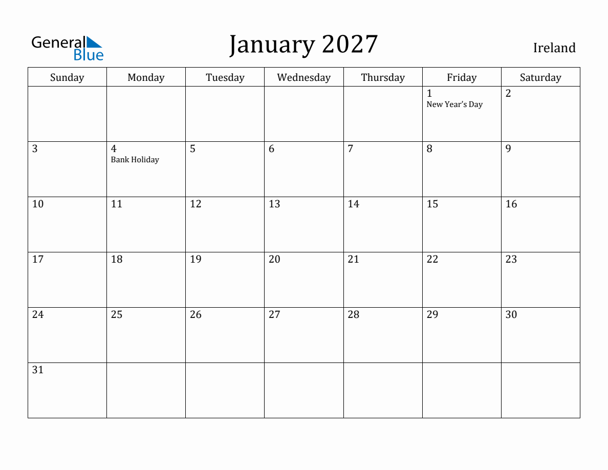 January 2027 Monthly Calendar with Ireland Holidays