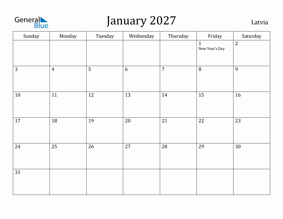 January 2027 Monthly Calendar with Latvia Holidays