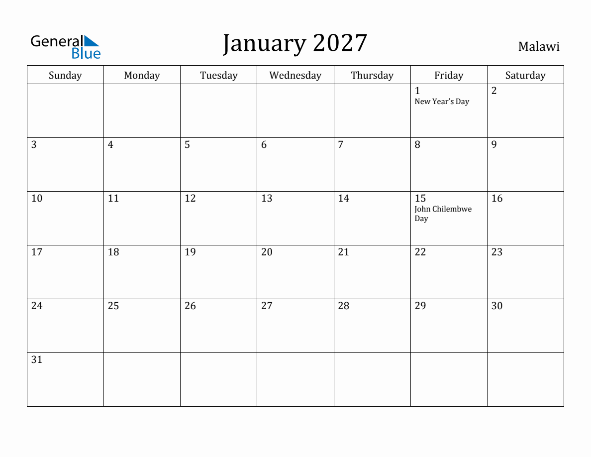 January 2027 Monthly Calendar with Malawi Holidays