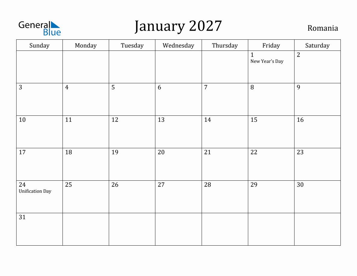 January 2027 Monthly Calendar with Romania Holidays