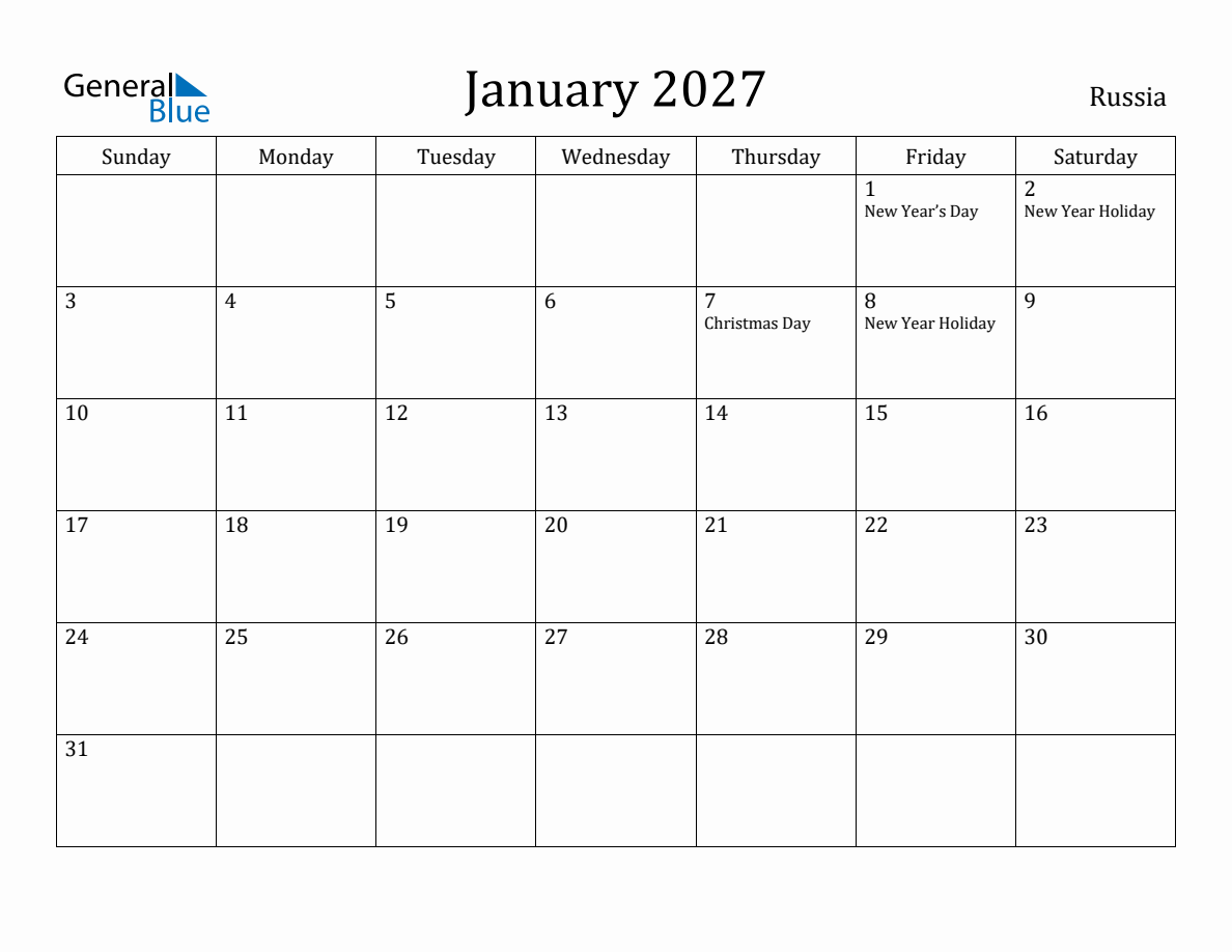 January 2027 Monthly Calendar with Russia Holidays