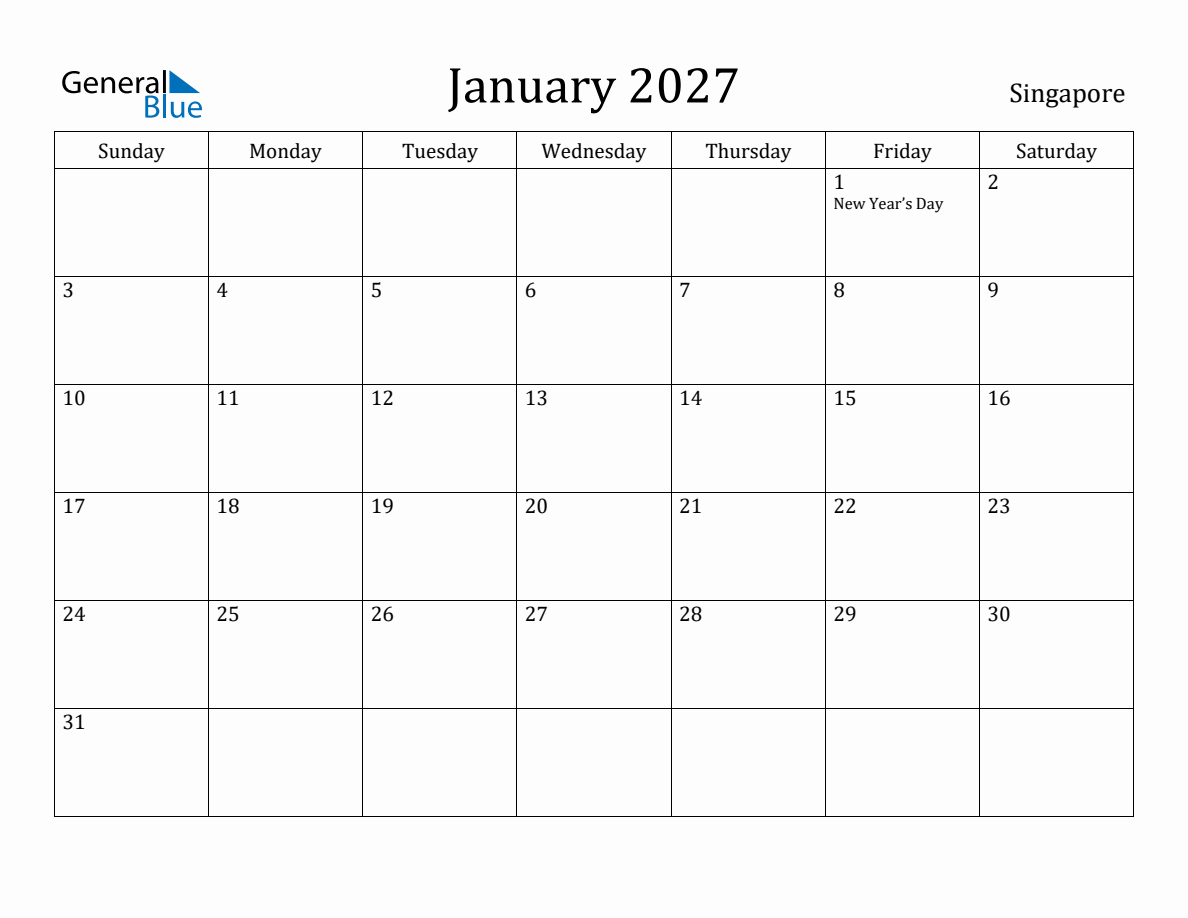 January 2027 Monthly Calendar with Singapore Holidays