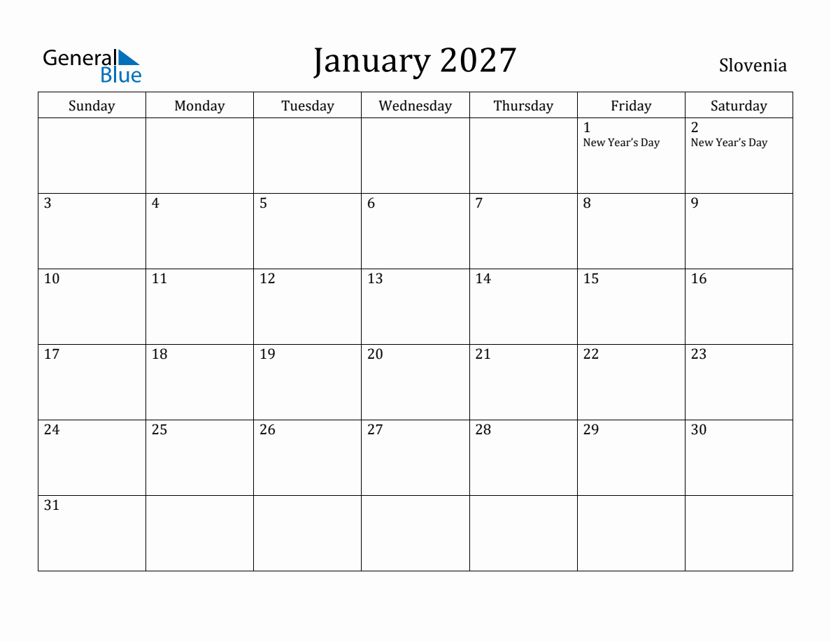 January 2027 Monthly Calendar with Slovenia Holidays