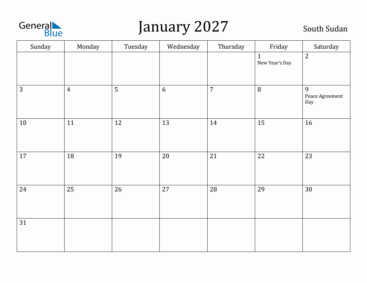 January 2027 Monthly Calendar with South Sudan Holidays