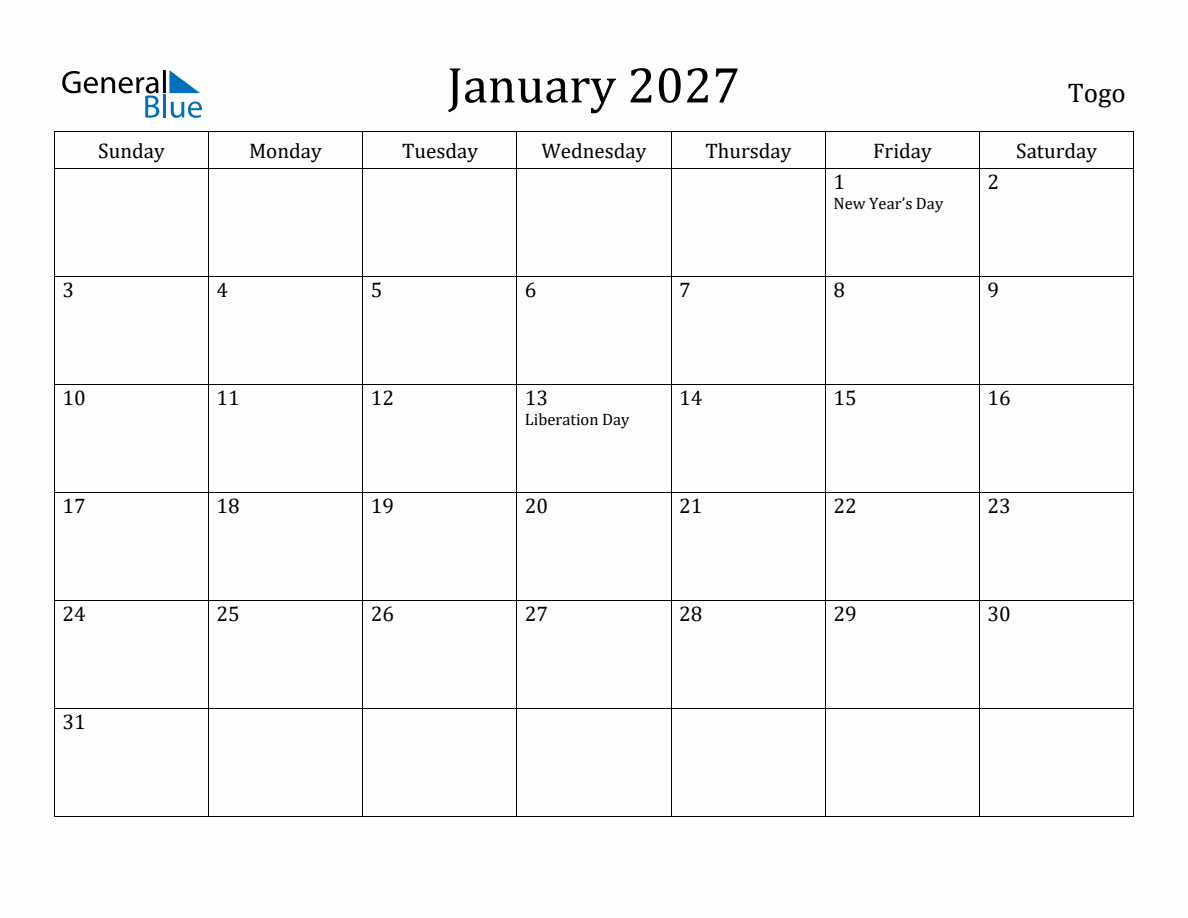 January 2027 Monthly Calendar with Togo Holidays
