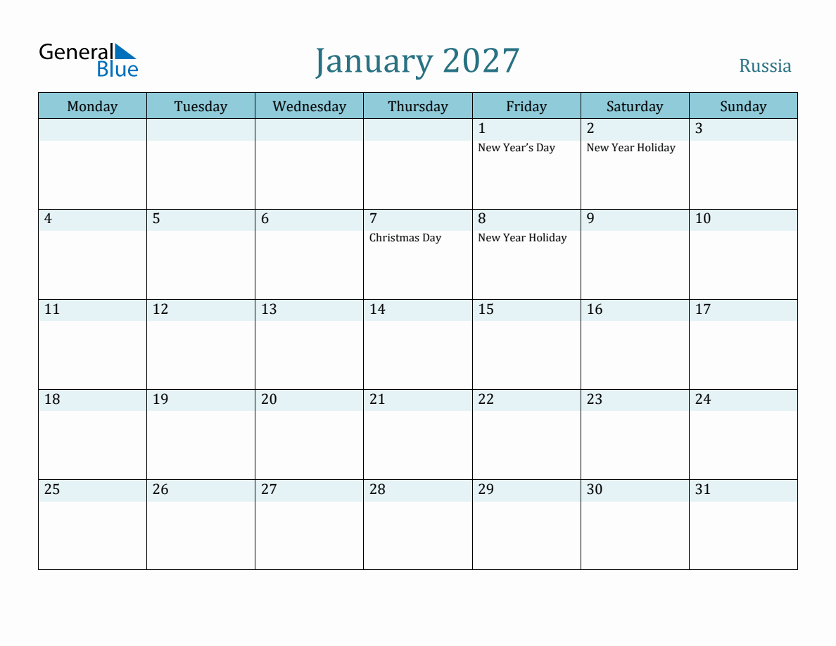 Russia Holiday Calendar for January 2027