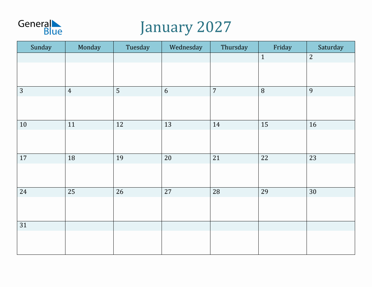 January 2027 Monthly Calendar Template