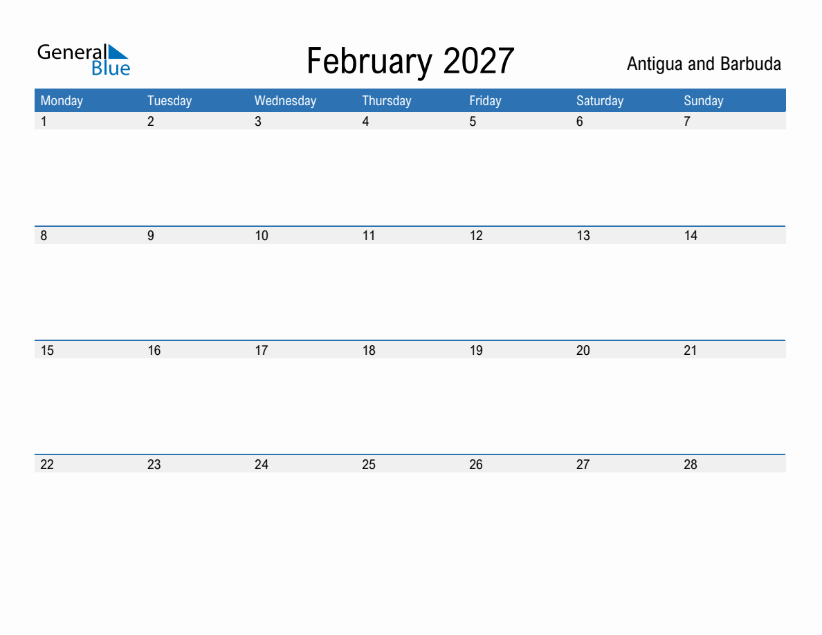 Editable February 2027 Calendar with Antigua and Barbuda Holidays
