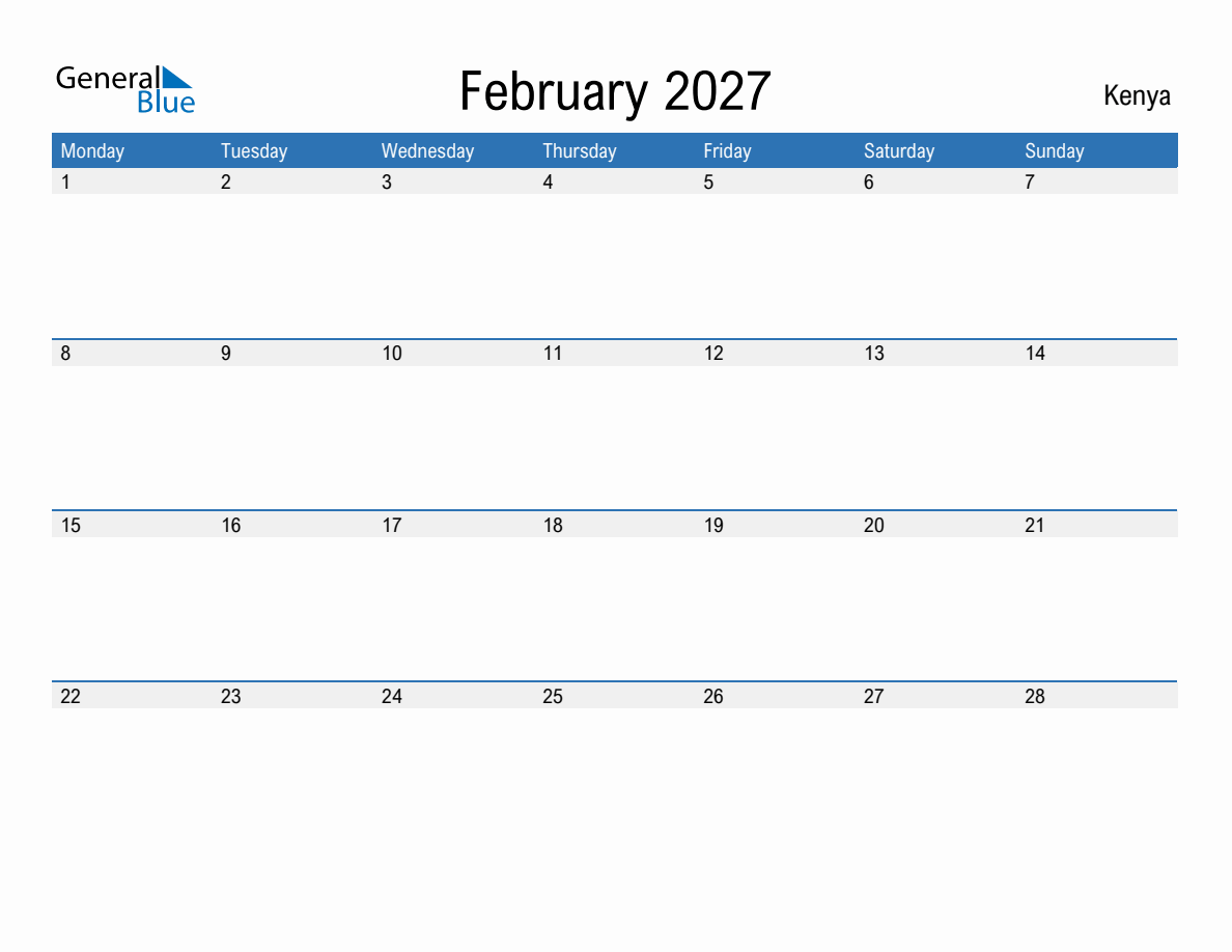 Editable February 2027 Calendar with Kenya Holidays (Monday Start)