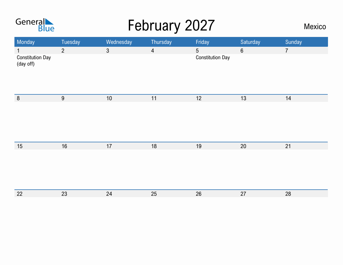 Editable February 2027 Calendar with Mexico Holidays