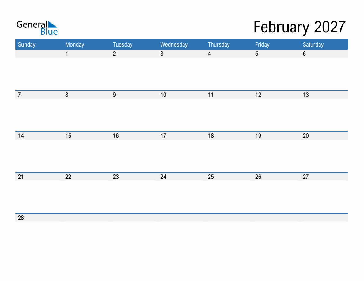 February 2027 Monthly Calendar (PDF, Word, Excel)