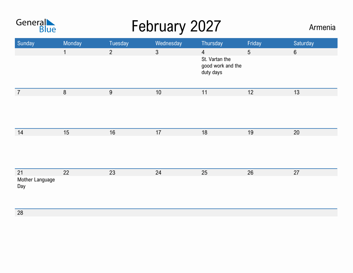 Editable February 2027 Calendar with Armenia Holidays