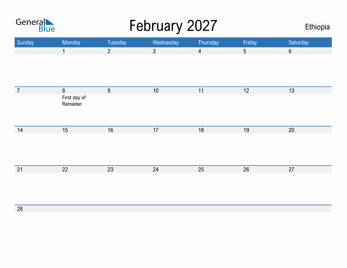 Editable February 2027 Calendar with Ethiopia Holidays