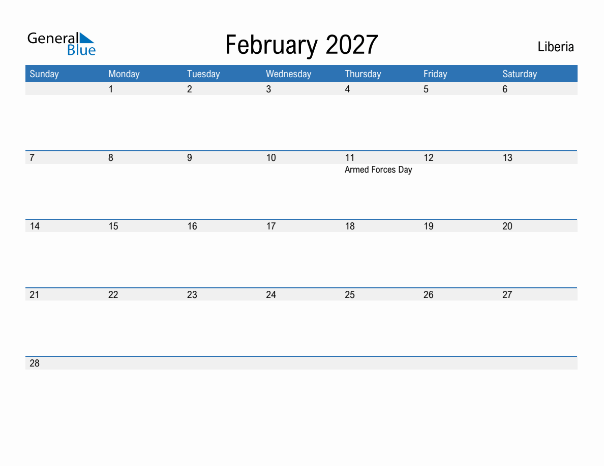 Editable February 2027 Calendar with Liberia Holidays