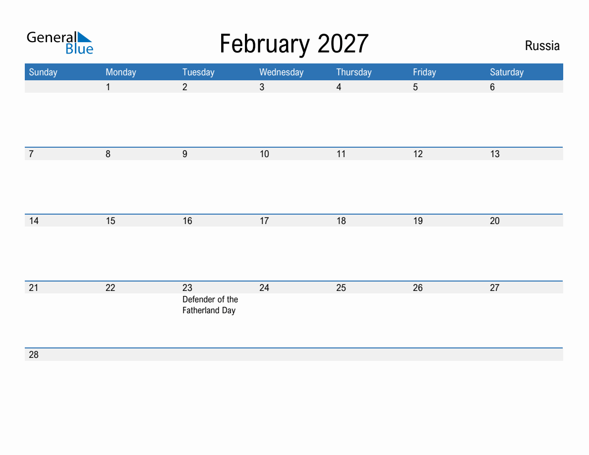 February 2027 Monthly Calendars with Russia Holidays
