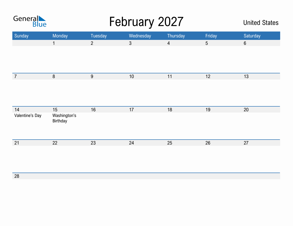 February 2027 Monthly Calendars with United States Holidays