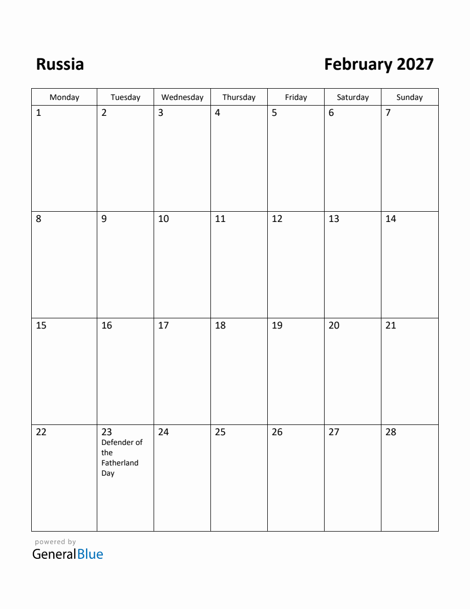 Free Printable February 2027 Calendar for Russia (Monday Start)