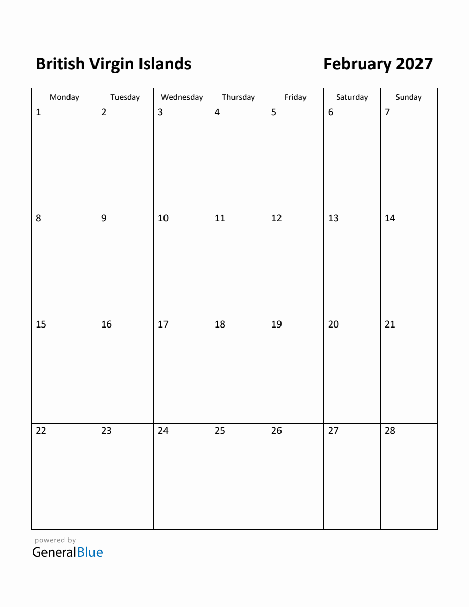 Free Printable February 2027 Calendar for British Virgin Islands ...