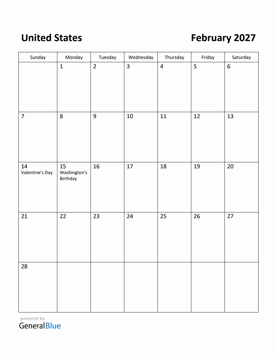 Free Printable February 2027 Calendar for United States