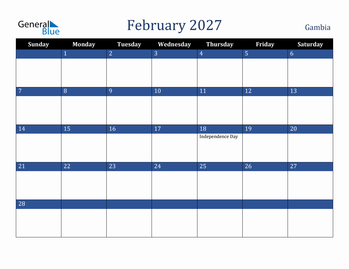 February 2027 Gambia Holiday Calendar