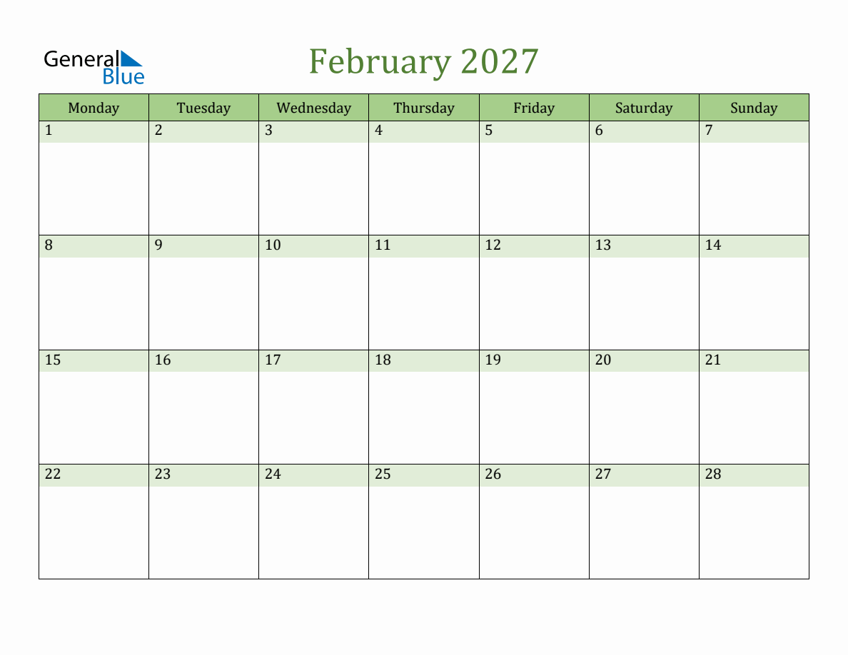Fillable February 2027 Calendar - Monday Start