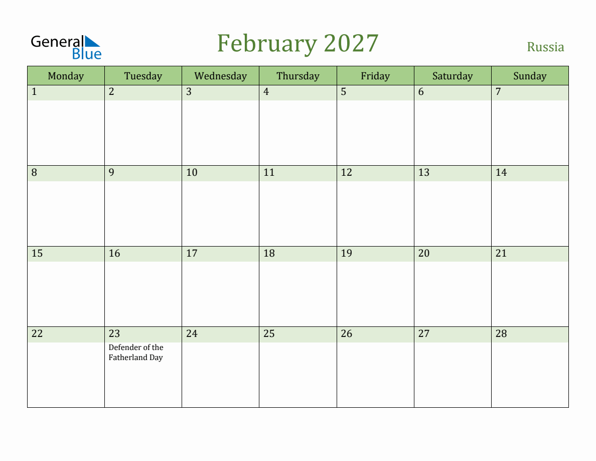 Fillable Holiday Calendar for Russia - February 2027 (Monday Start)