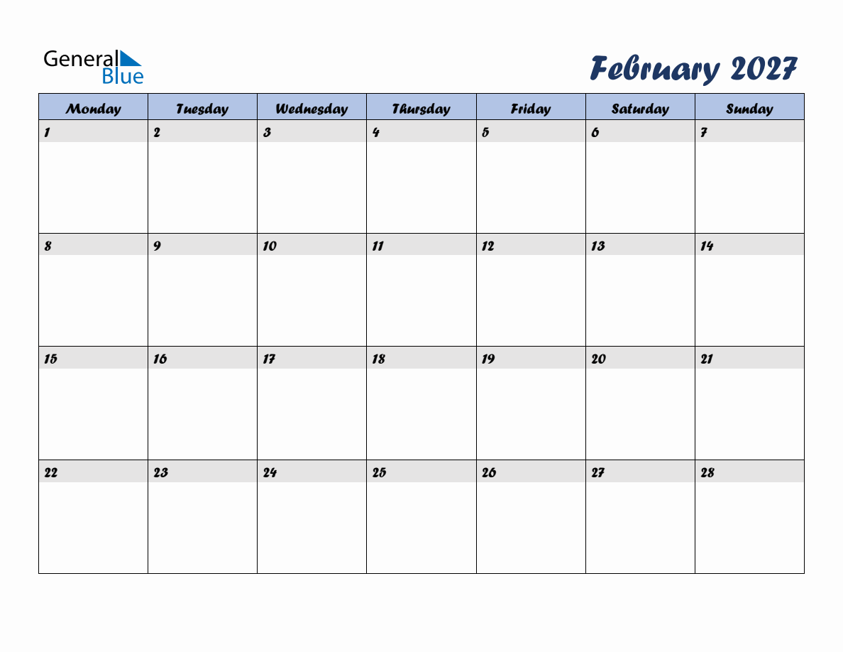 Free February 2027 Monthly Editable Calendar - Monday Start