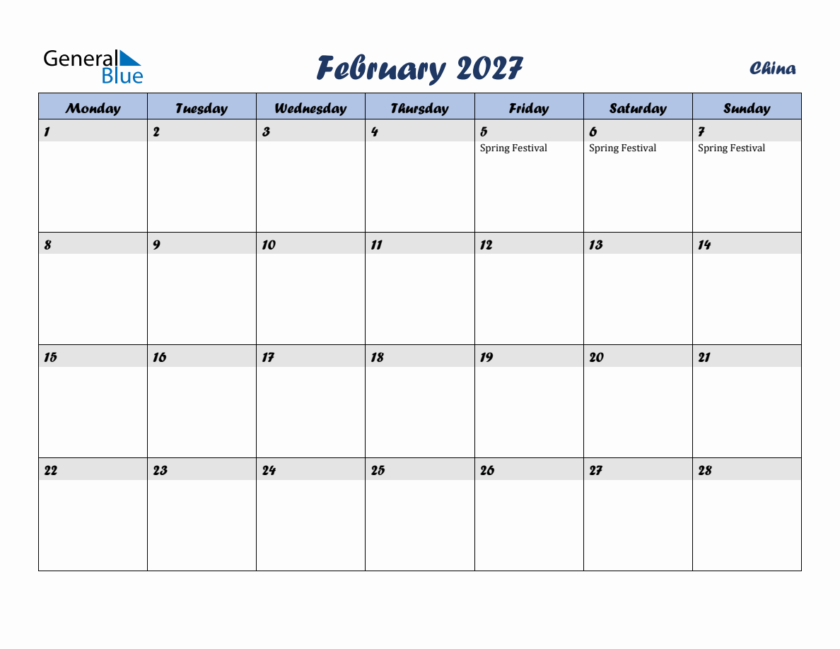February 2027 Monthly Calendar Template with Holidays for China