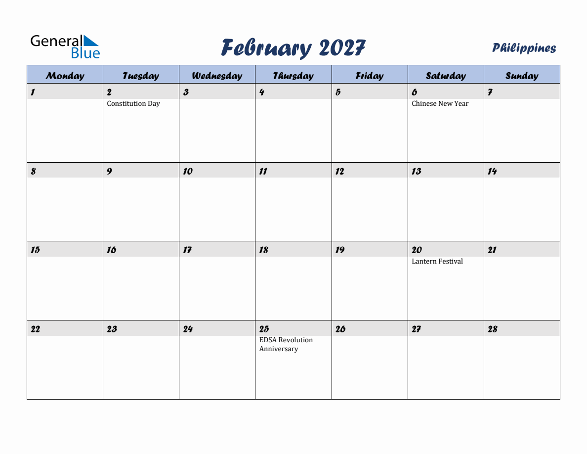 February 2027 Monthly Calendar Template with Holidays for Philippines