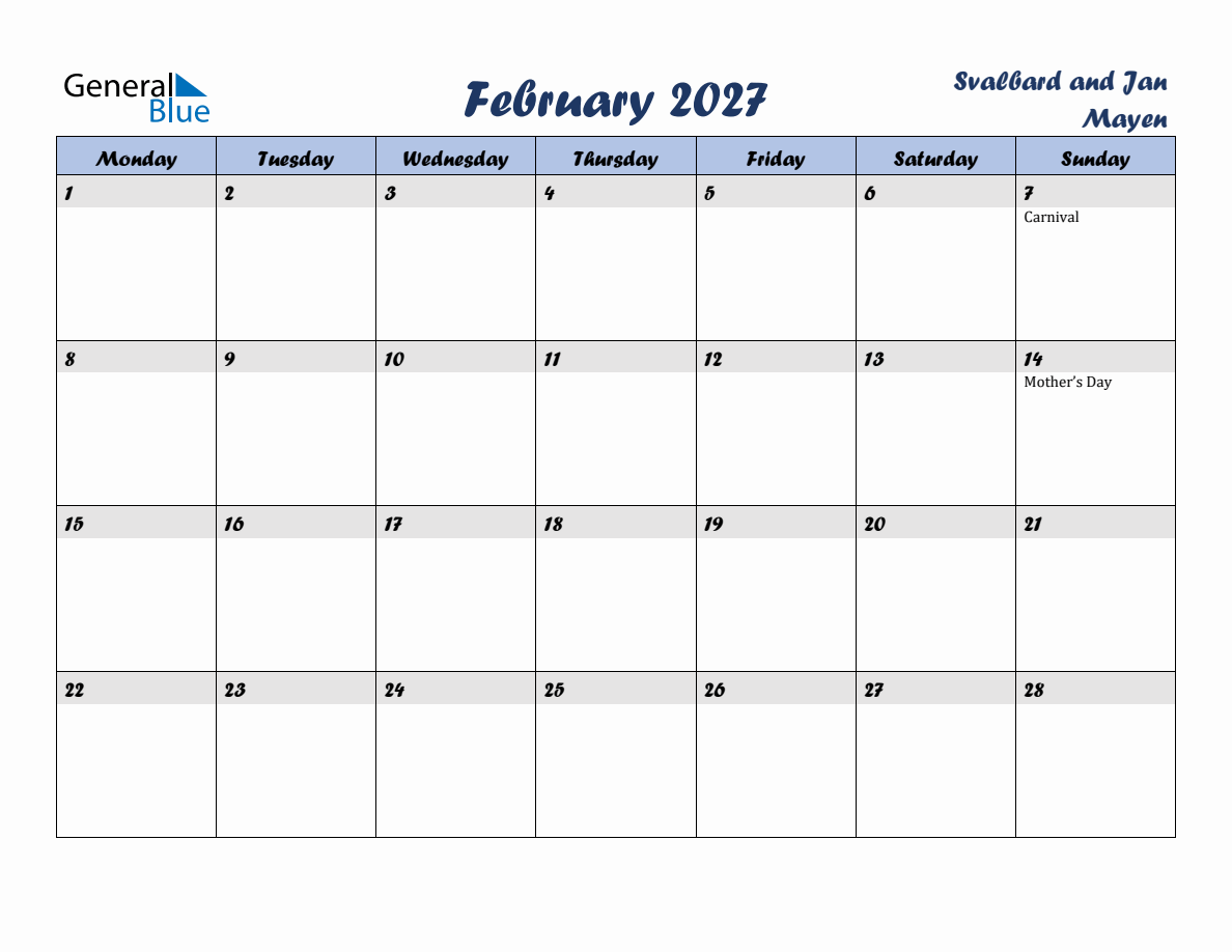 February 2027 Monthly Calendar Template with Holidays for Svalbard and ...