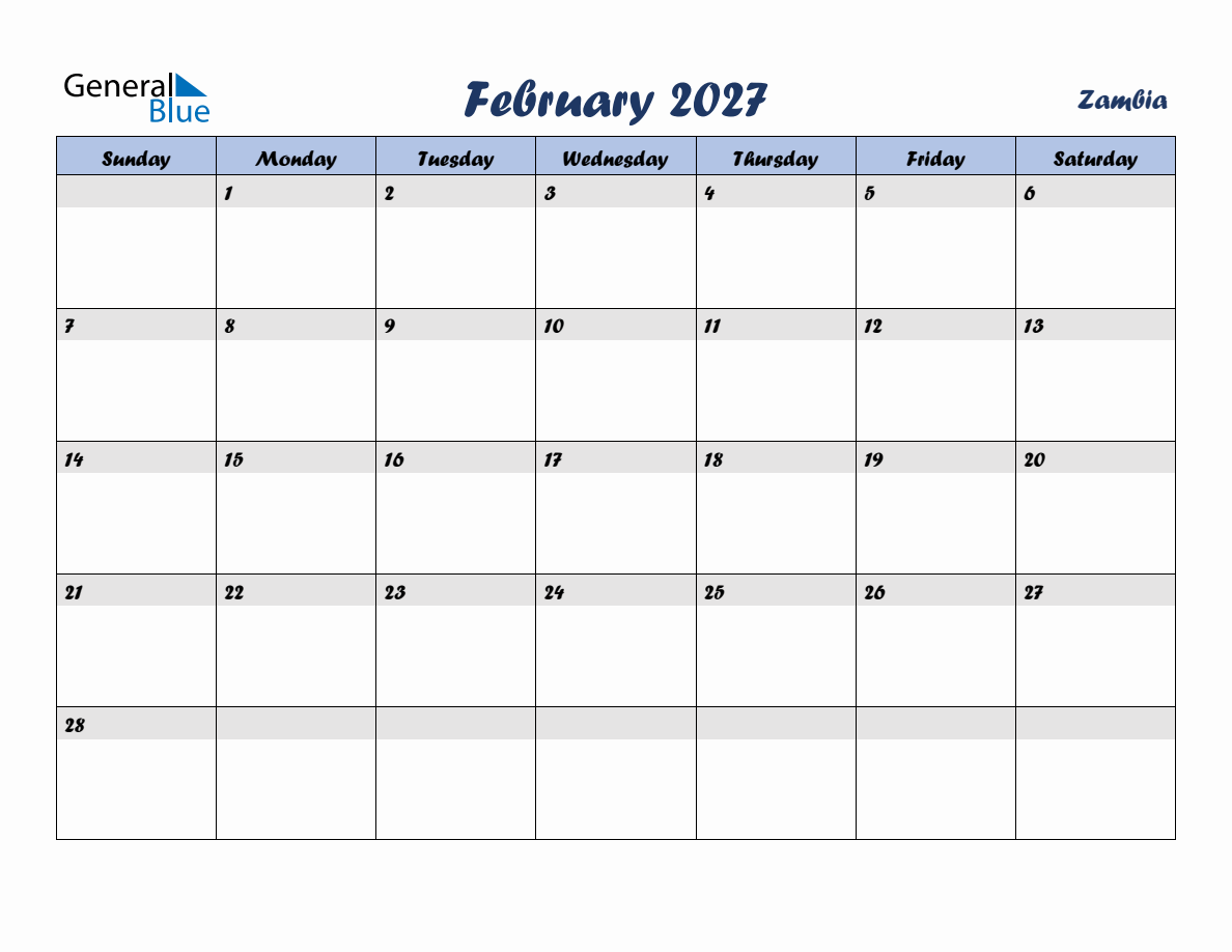 February 2027 Monthly Calendar Template with Holidays for Zambia
