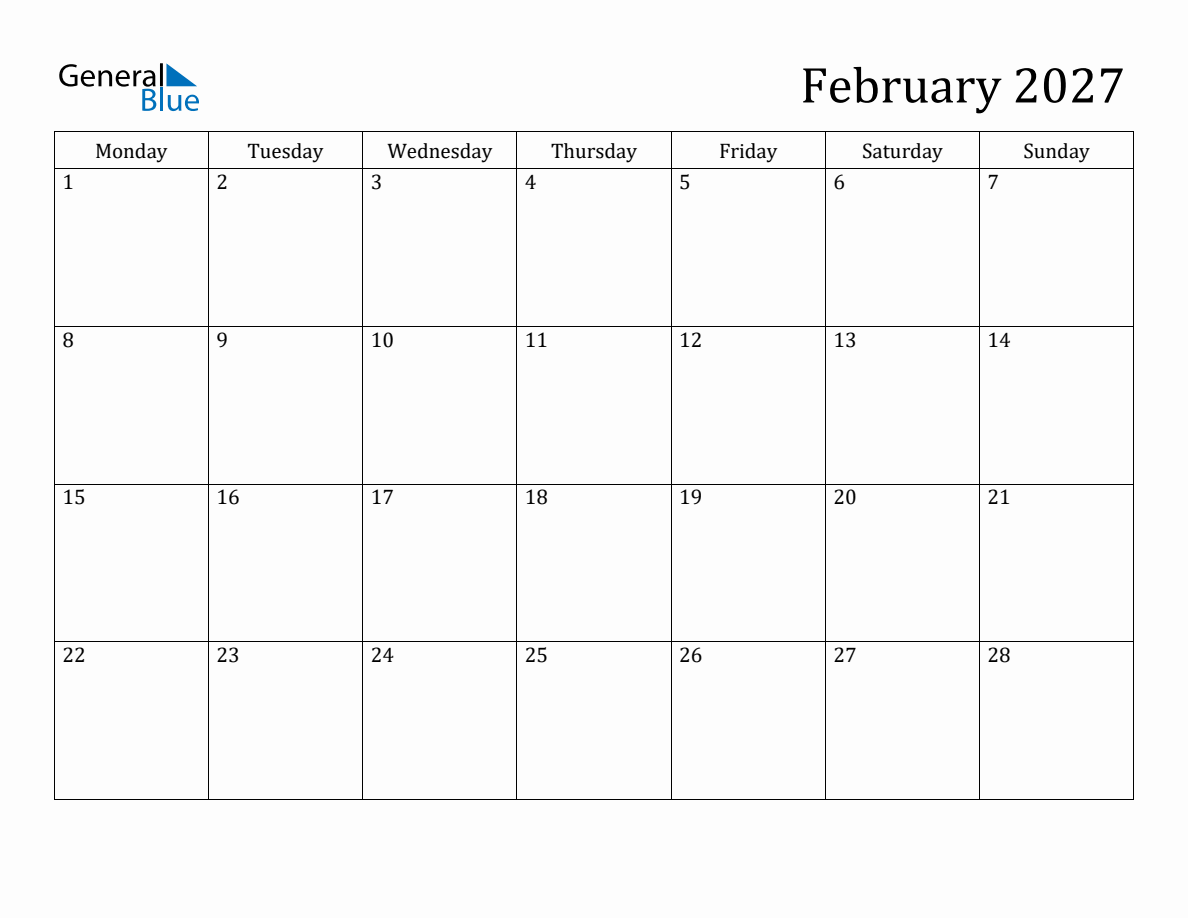 February 2027 Monthly Calendar - Monday Start