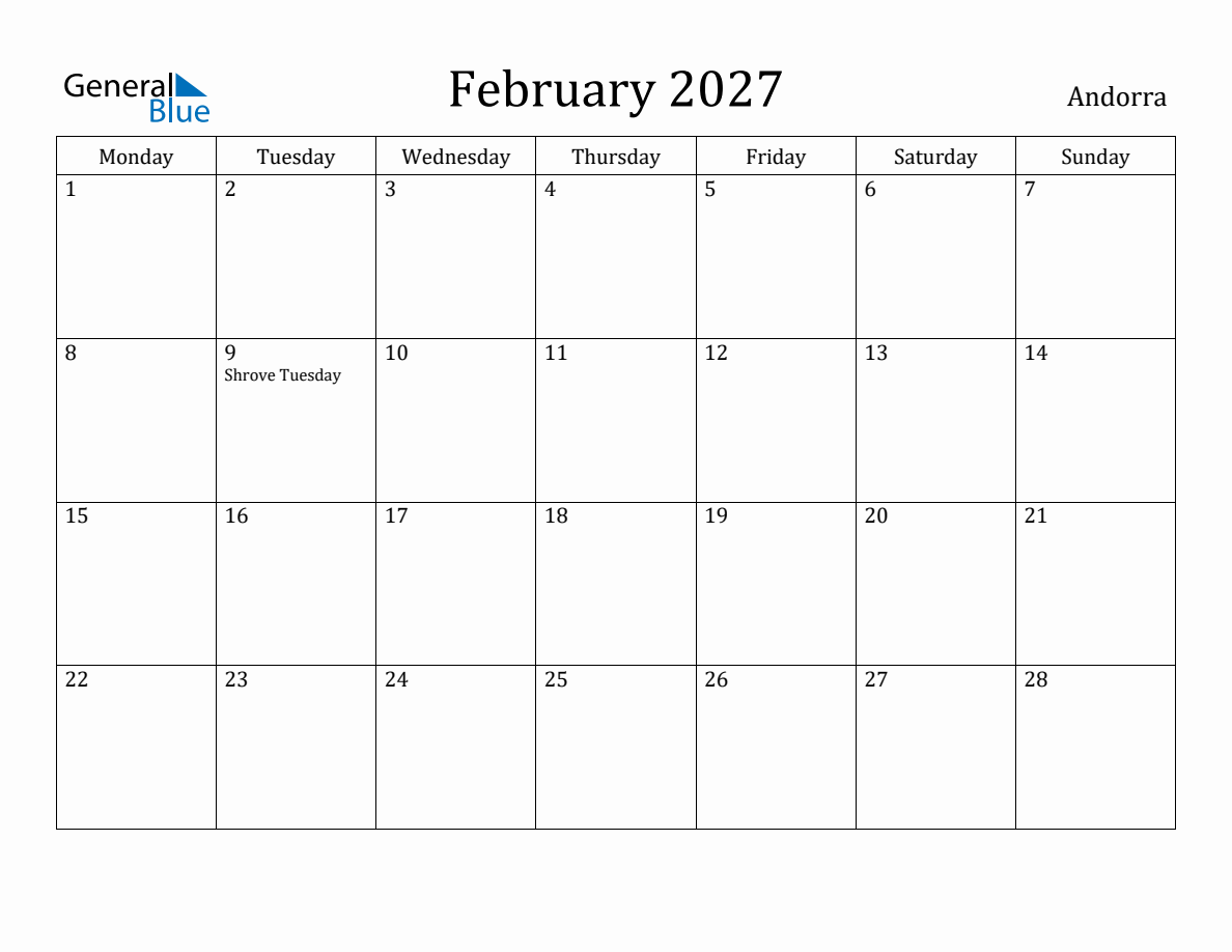 Andorra Monthly Calendar - February 2027 (Monday Start)