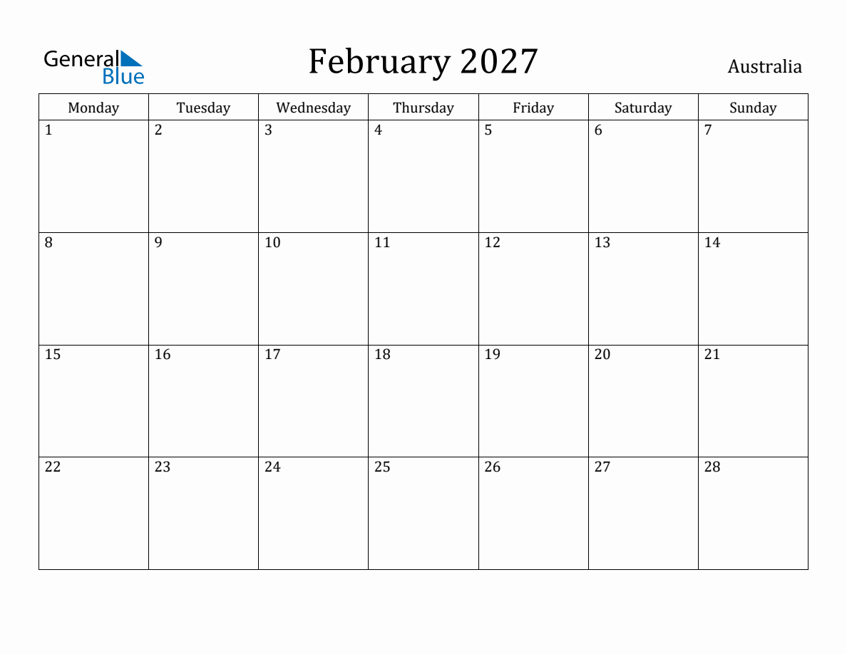 February 2027 Monthly Calendar with Australia Holidays (Monday Start)