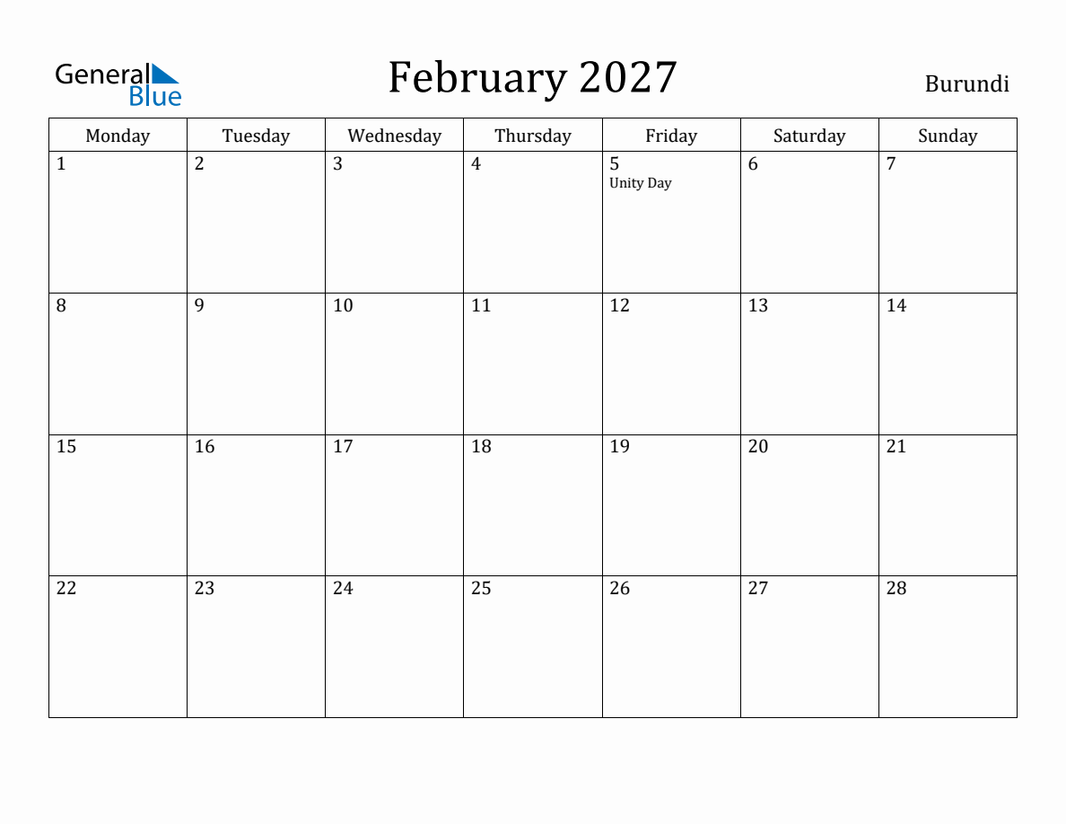 Burundi Monthly Calendar - February 2027 (Monday Start)