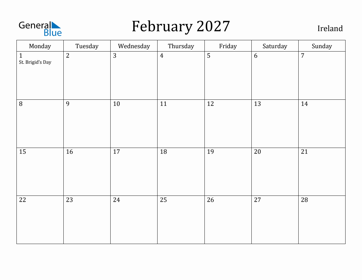 Ireland Monthly Calendar - February 2027 (Monday Start)