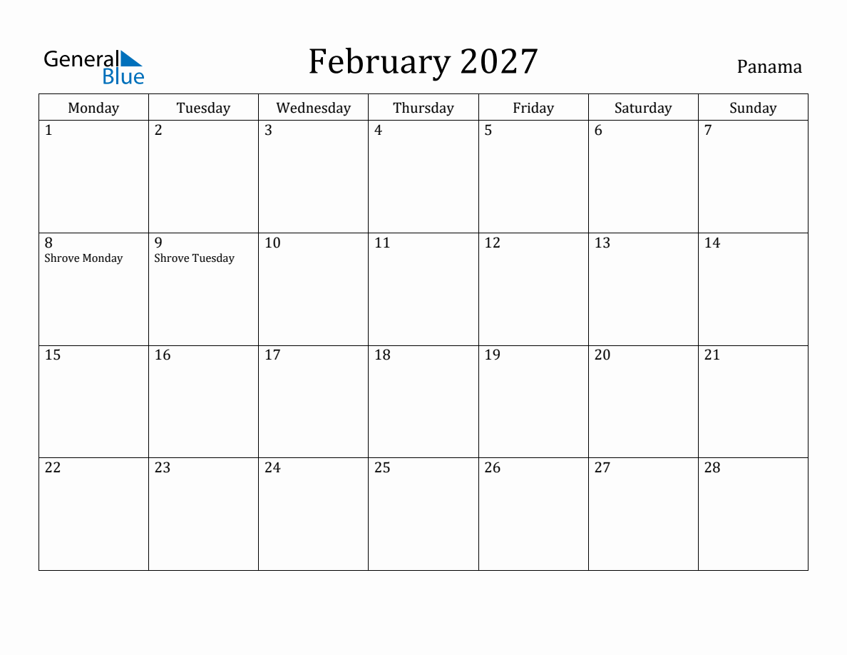 Panama Monthly Calendar - February 2027 (Monday Start)