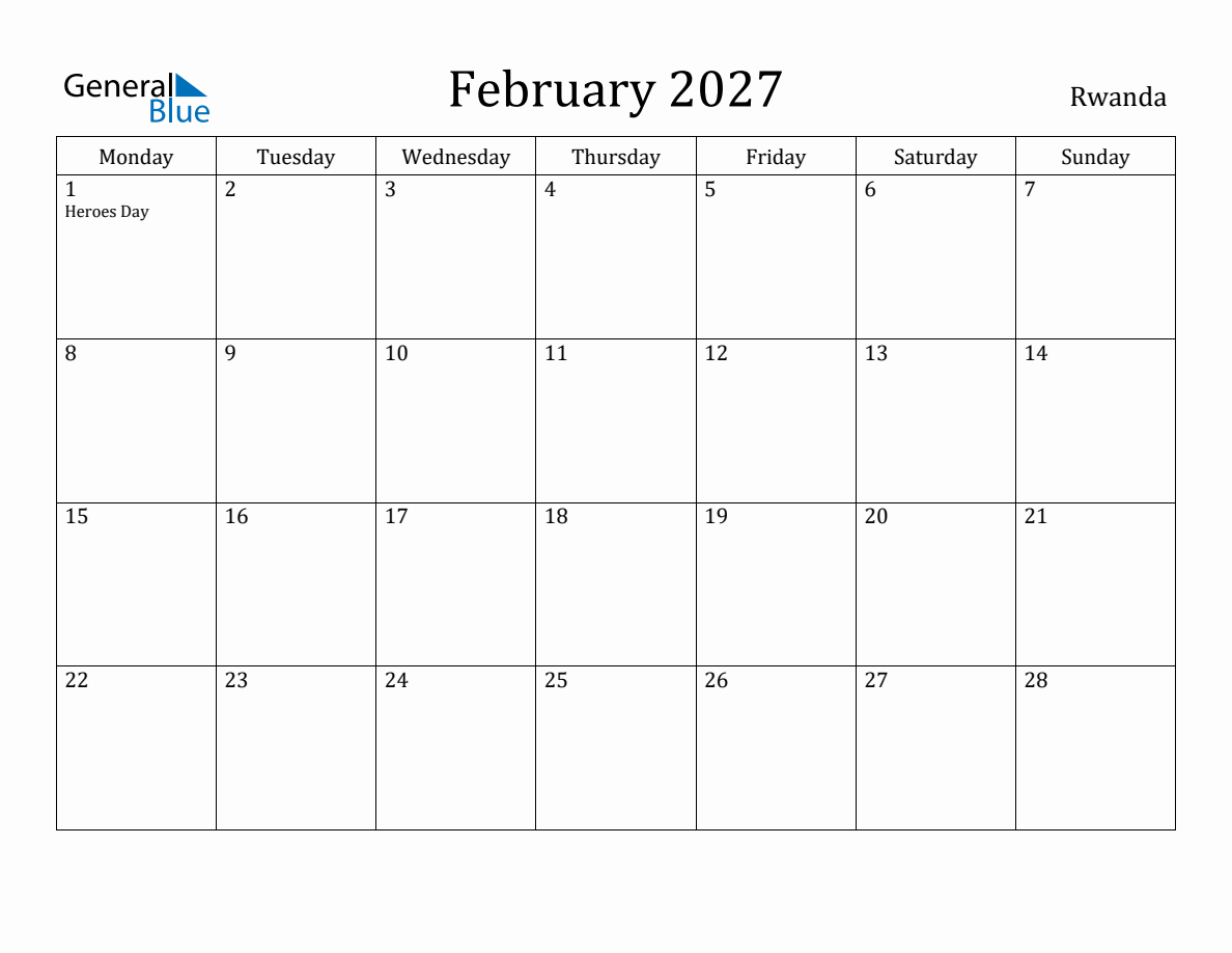 Rwanda Monthly Calendar - February 2027 (Monday Start)
