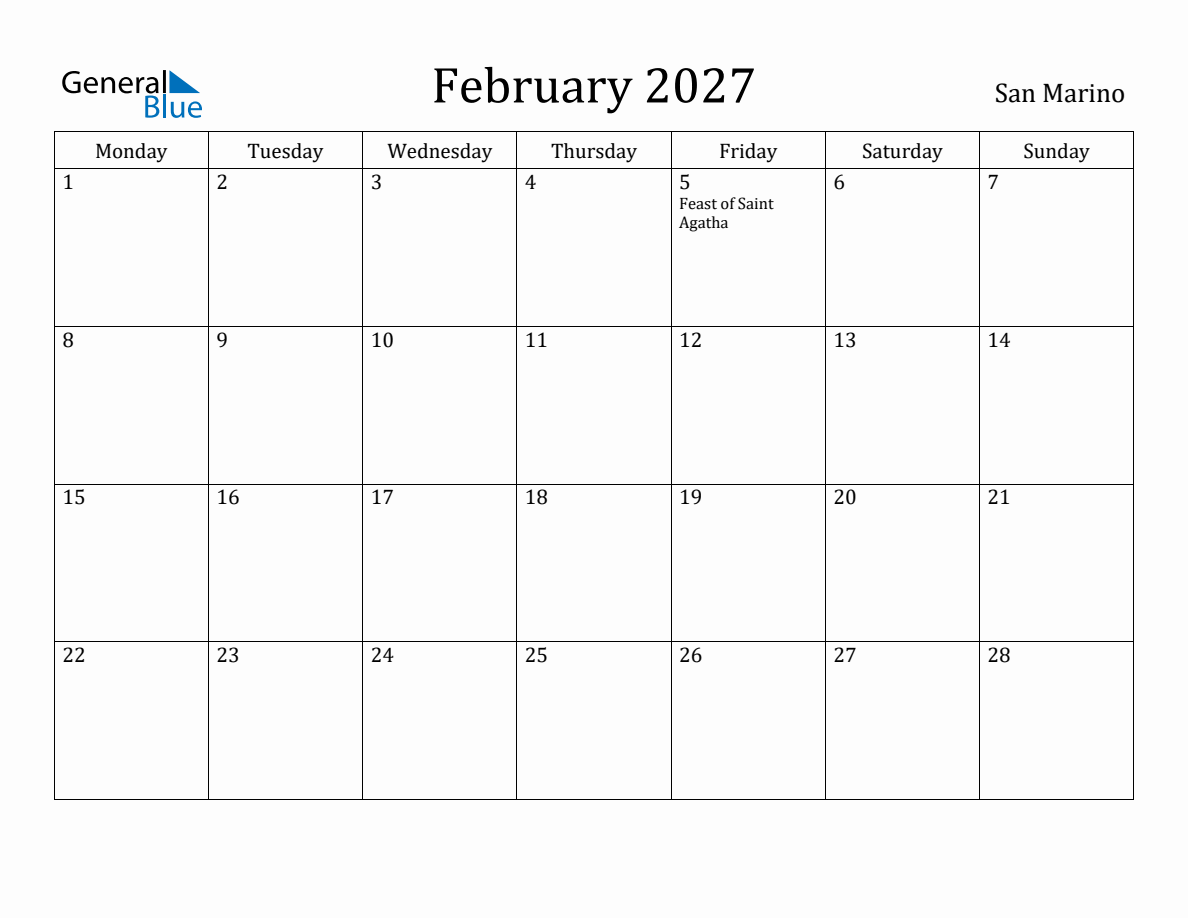 February 2027 - San Marino Monthly Calendar with Holidays