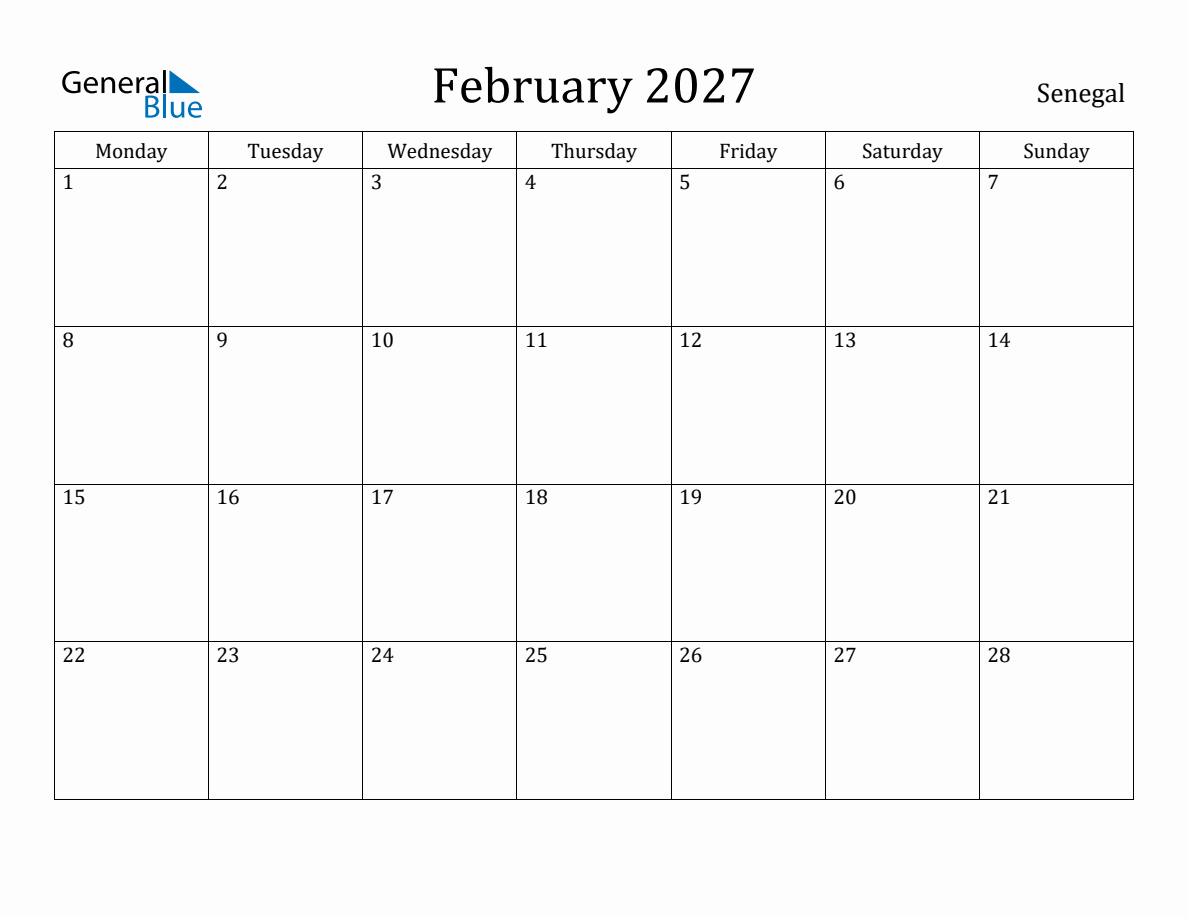 Senegal Monthly Calendar - February 2027 (Monday Start)
