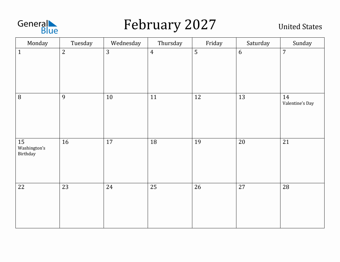 February 2027 Monthly Calendar with United States Holidays (Monday Start)