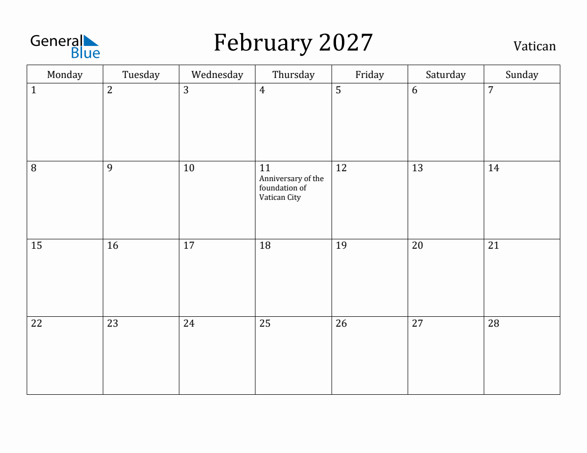 Vatican Monthly Calendar - February 2027 (Monday Start)