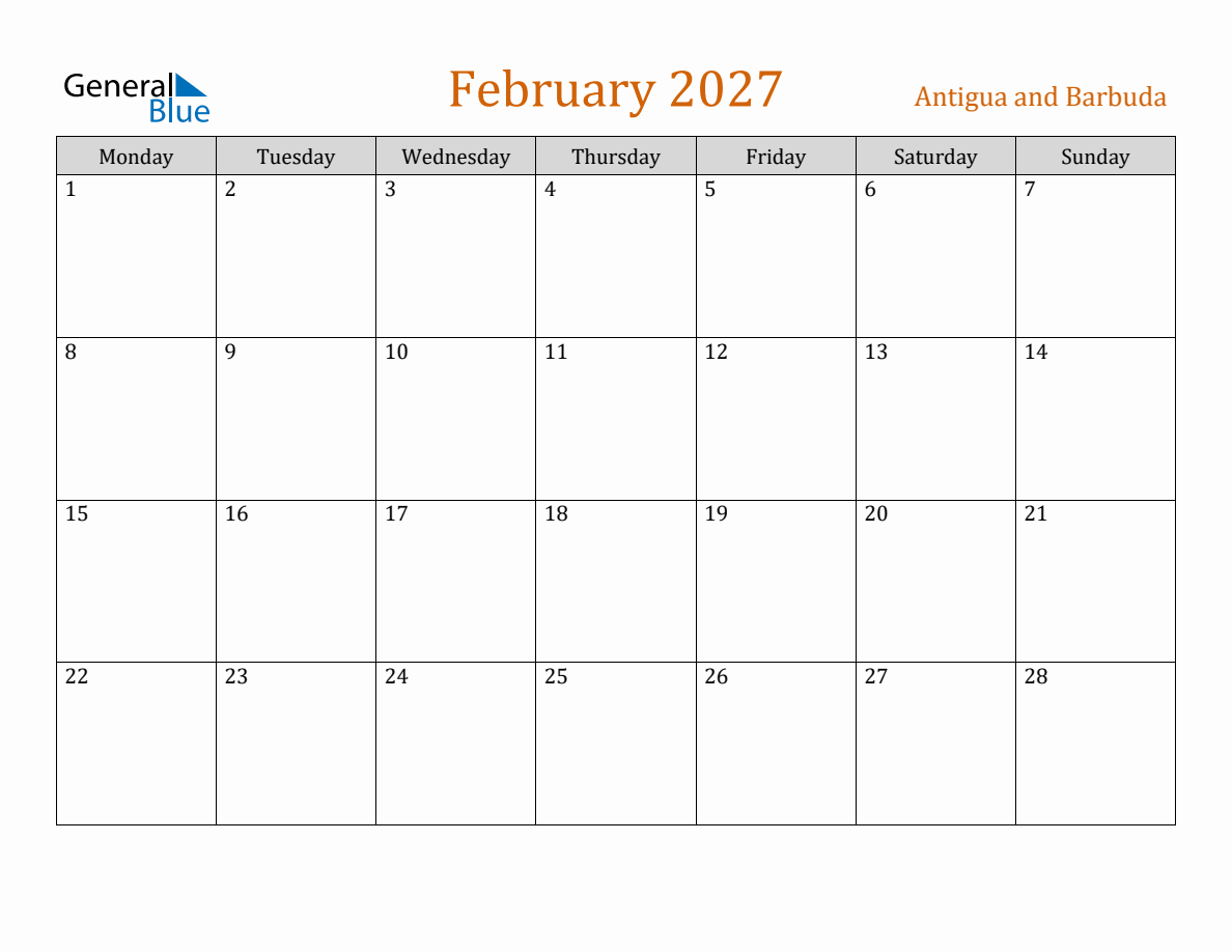 Free February 2027 Antigua and Barbuda Calendar (Monday Start)