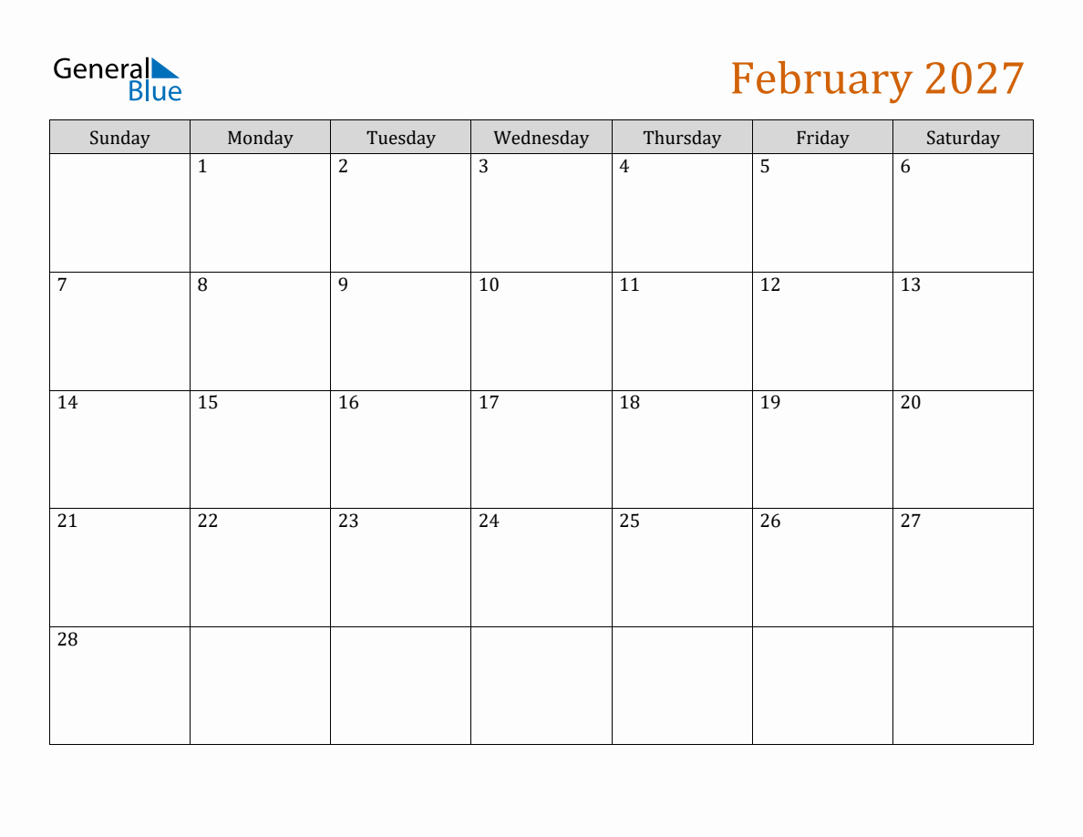February 2027 Generic Monthly Calendar
