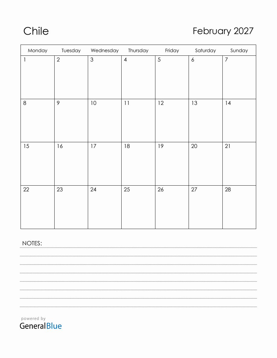 February 2027 Chile Calendar with Holidays